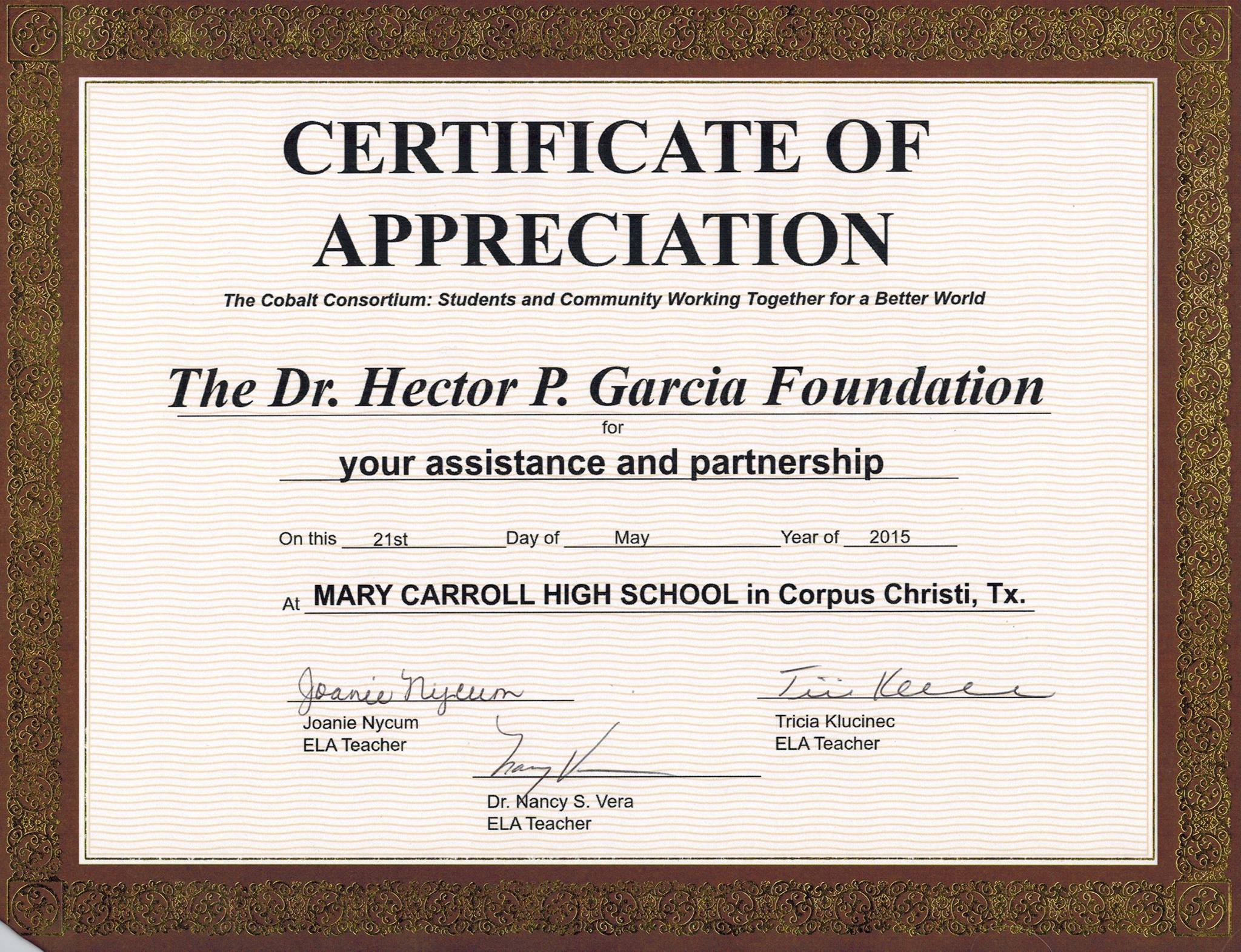 Recognition - Dr. Hector P. Garcia Memorial Foundation