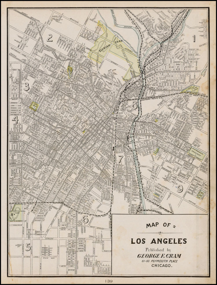 1899 Map of Los Angeles Published By George F. Cram 61-63 Plymouth ...