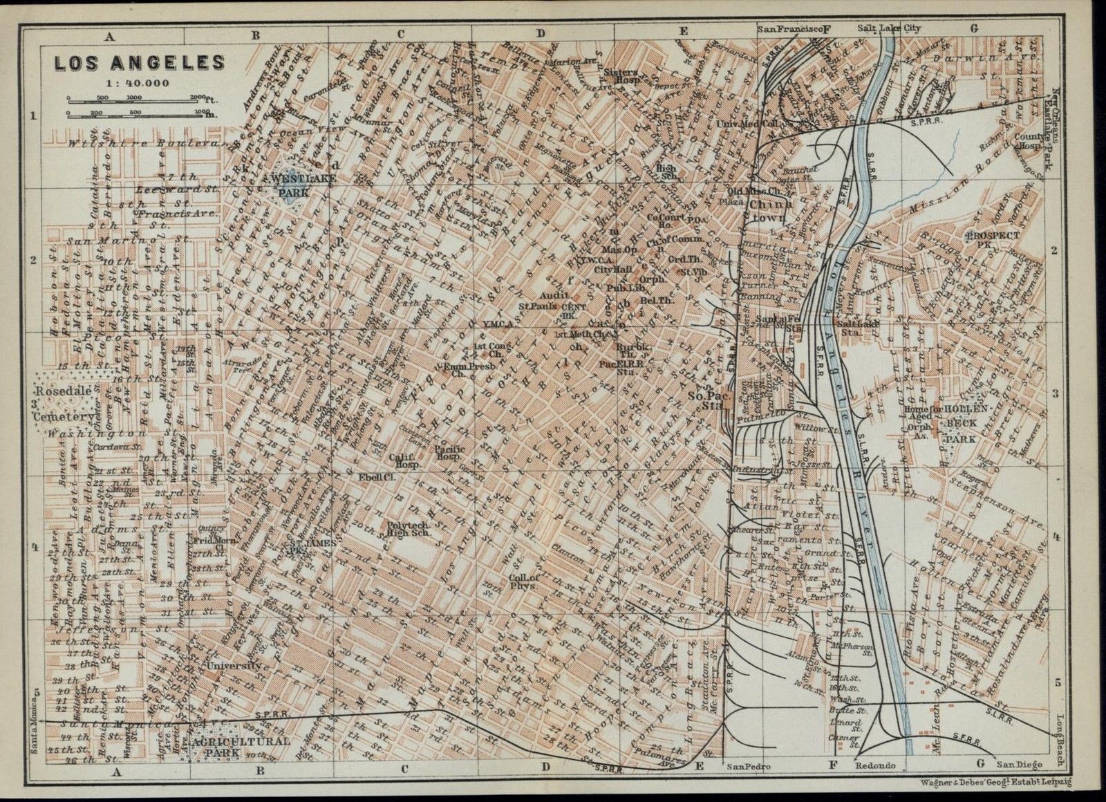 1909 - Los Angeles California River Streets // vintage color lithograph ...