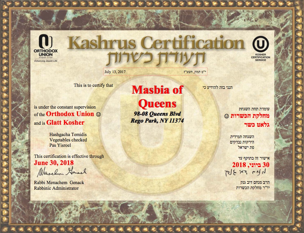 Kosher Certifying Agency Orthodox Union OU - Masbia of Queens