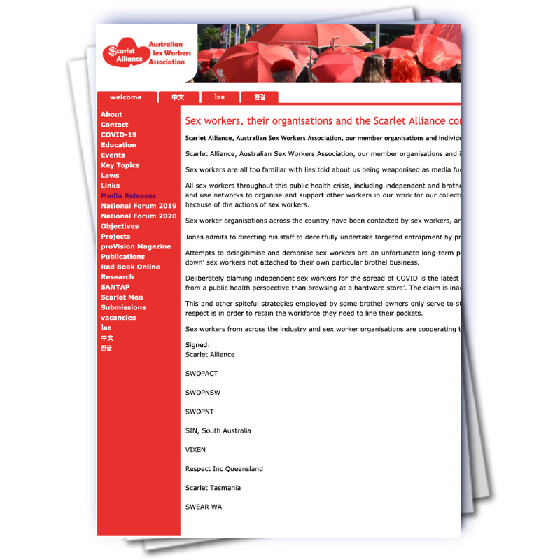 Sex Workers Their Organisations And The Scarlet Alliance Condemn