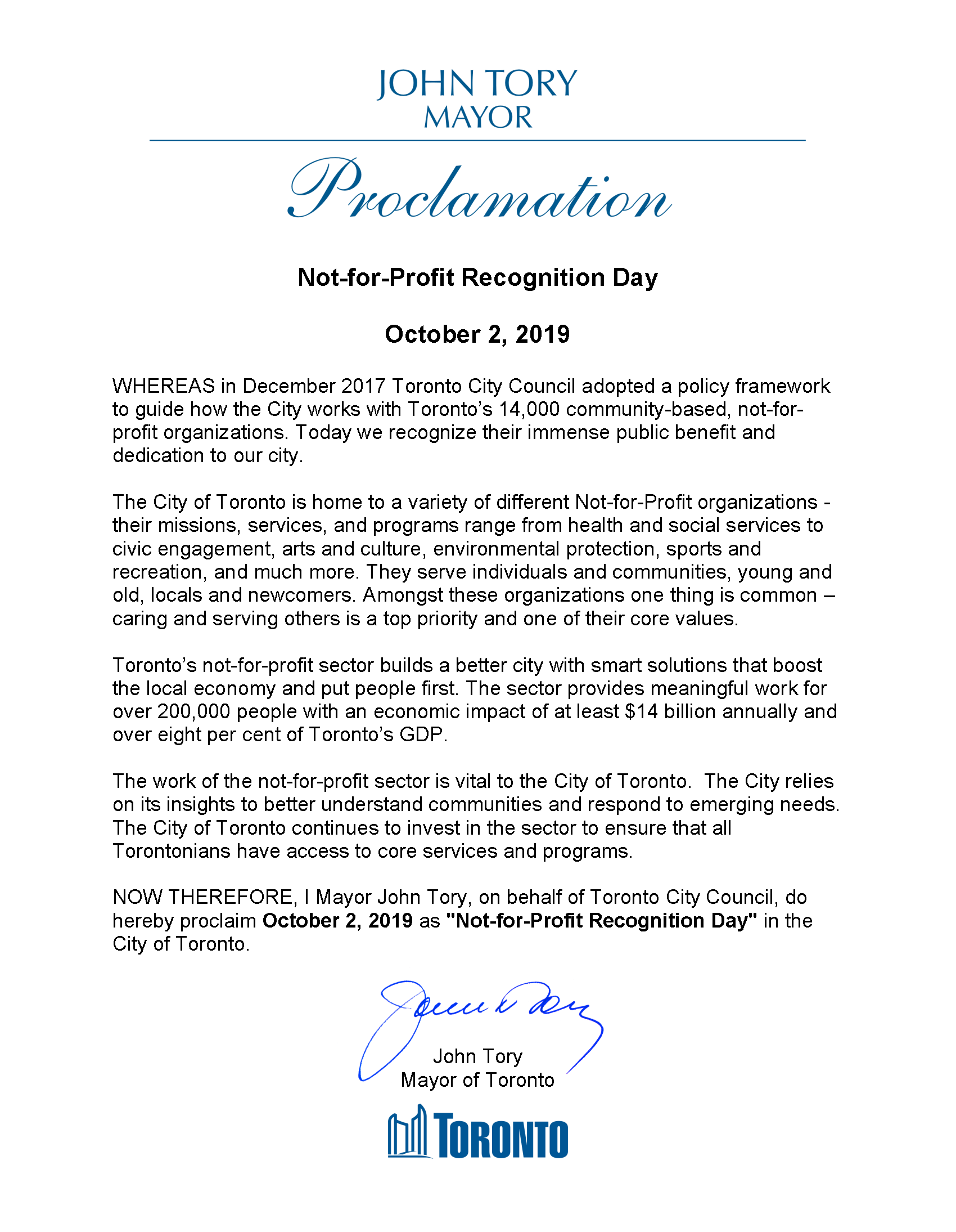 Mayoral Proclamation - Toronto Nonprofit Network