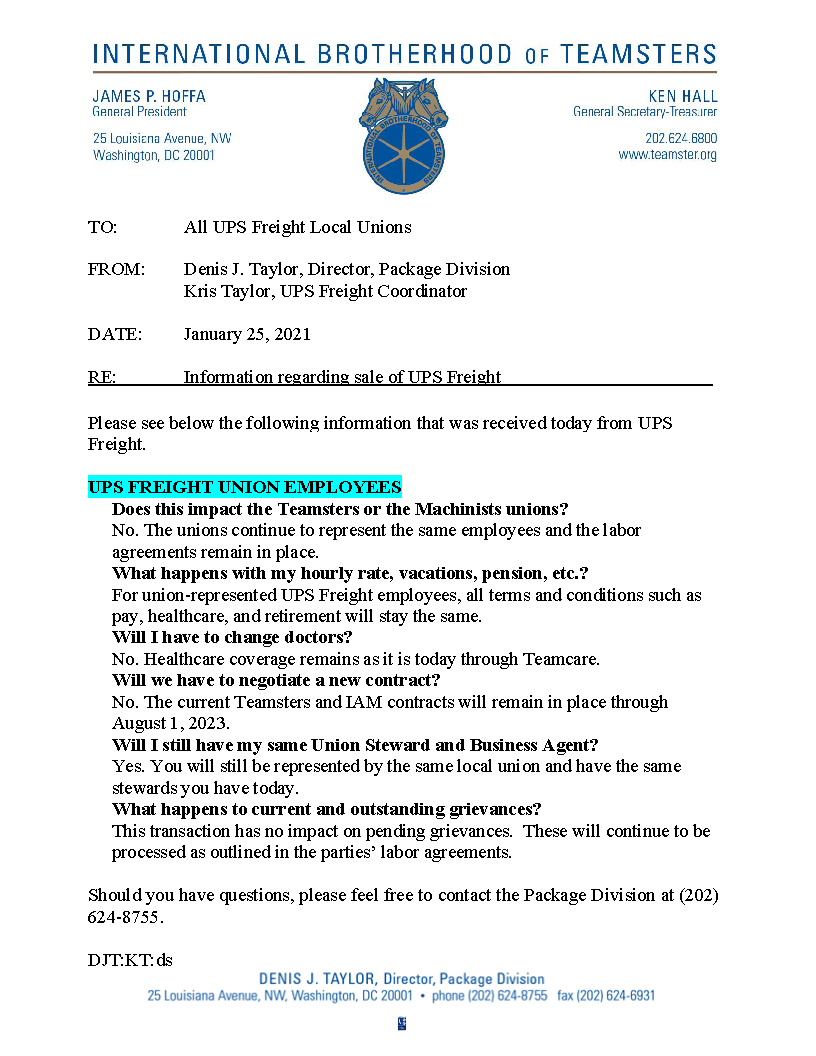 UPS FREIGHT SOLD TO CANADIAN CORPORATION TFI - UPS Teamsters United