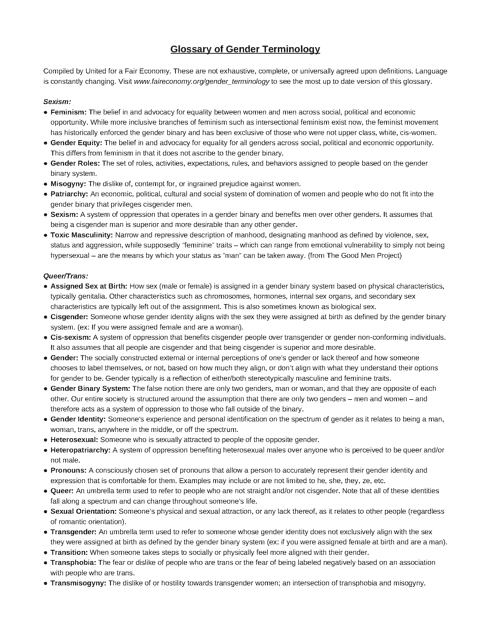 Glossary of Gender Terminology (State of the Dream 2020) - United for a ...